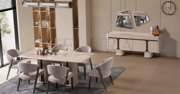 Petra Yemek Takımı Krem Mermer Desenli Modern